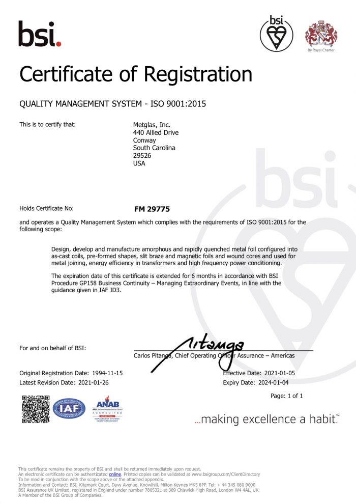 ISO Certificates - Metglas, Inc.